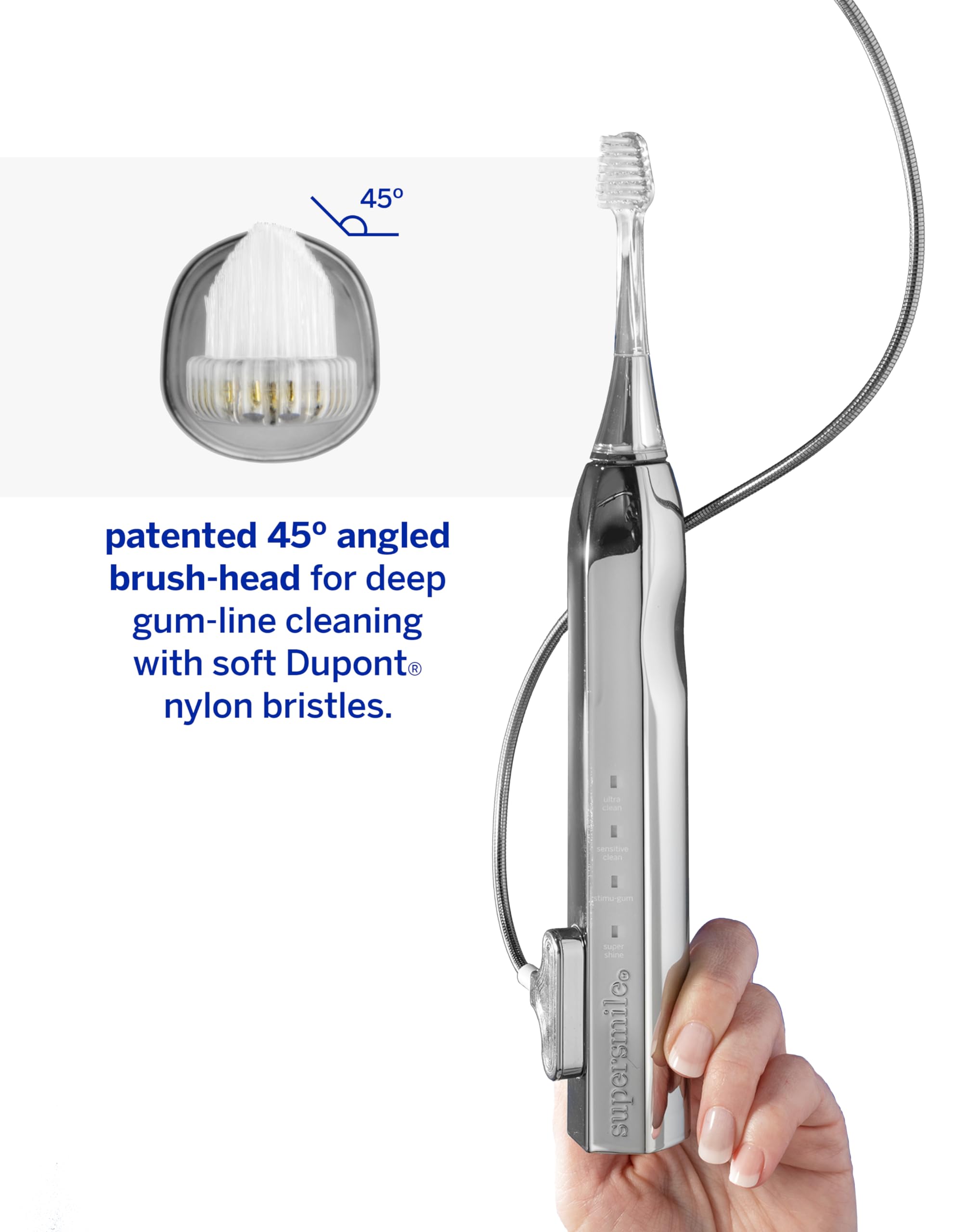 Supersmile Zina45 Deluxe Sonic Pulse Electric Toothbrush, Rechargeable Whitening Tooth Brush, Silver