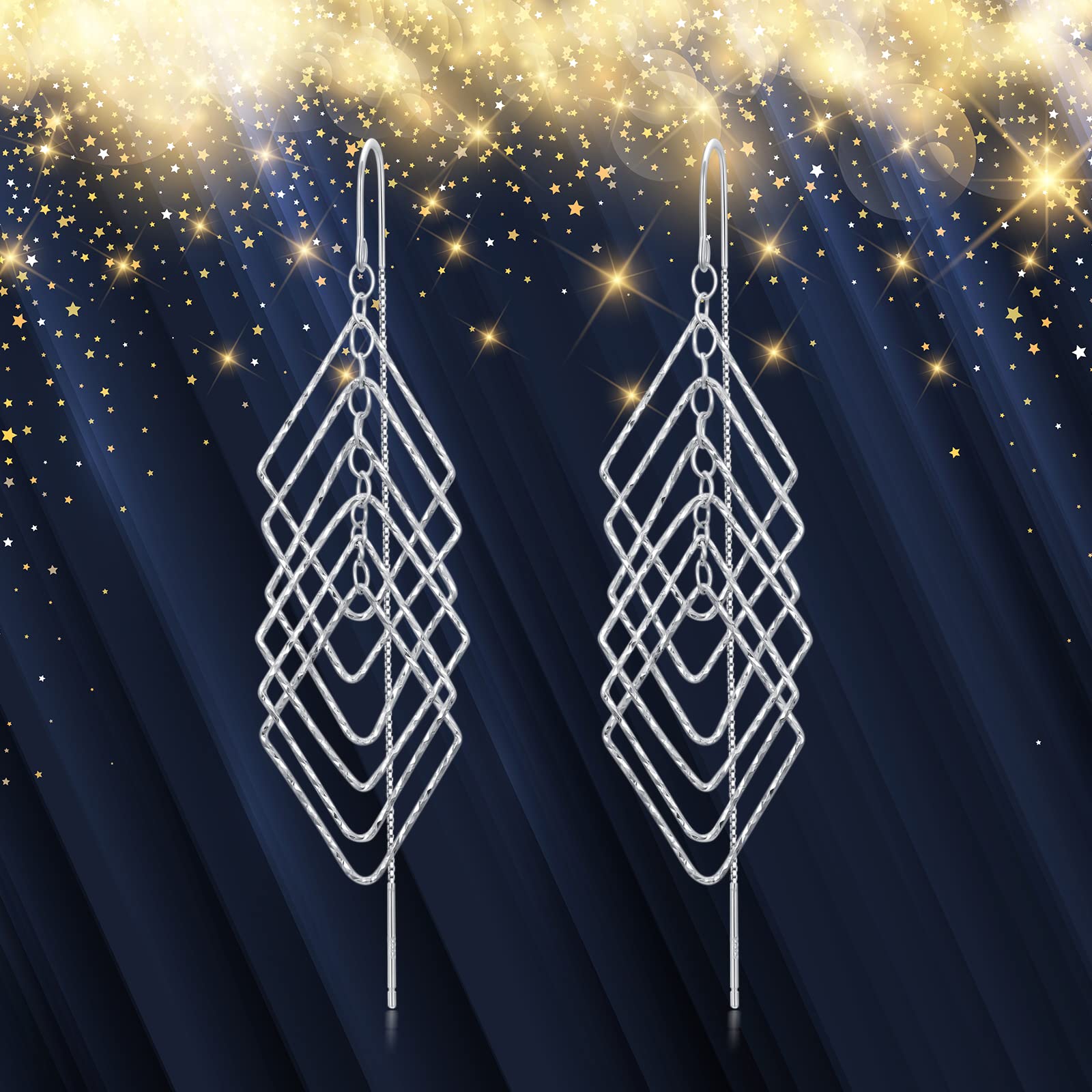 925 Sterling Silver Threader Earrings Geometric Rhombus Tassel Dangle Drop Long Charm Earrings Jewelry Gifts for Women