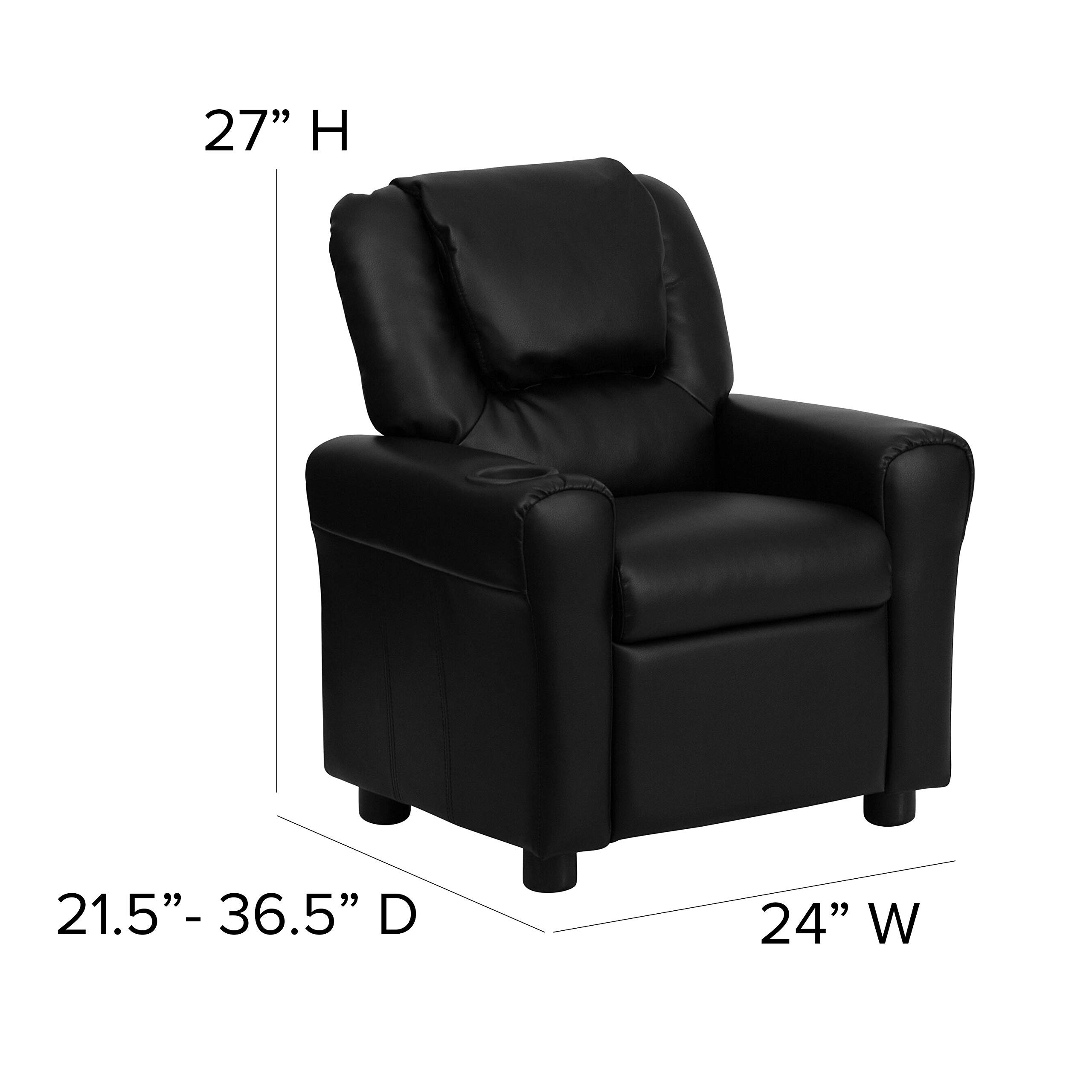 HBCY Creations Kid's Recliner - Black Faux Leather Upholstery - Integrated Cupholder - Padded Headrest - Safety Recline Feature