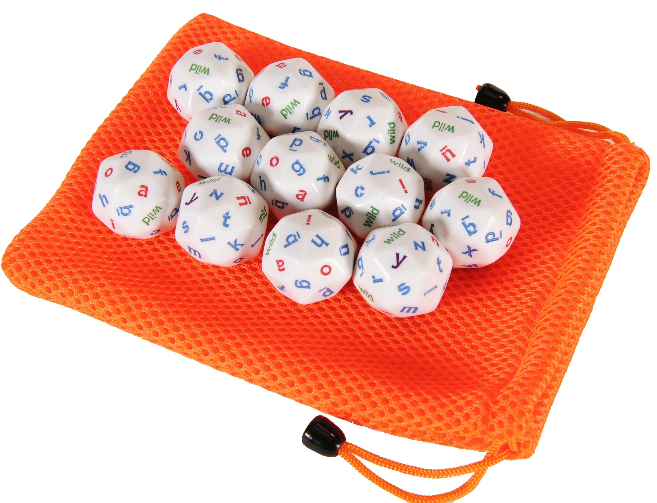 Deluxe Games and Puzzles Alphabet Dice, 30 Sided, Jumbo, Set of 12 Identical Dice, with Orange Mesh Drawstring Pouch, Bundled Item