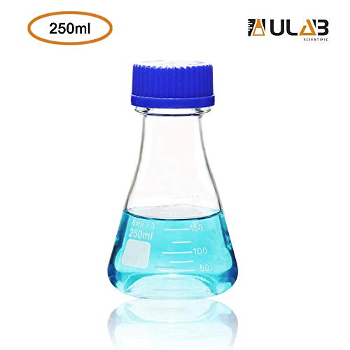 ULAB Scientific Erlenmeyer Flask with Blue Screw Cap, 8.5oz 250ml, 3.3 Borosilicate with Printed Graduation, UEF1016