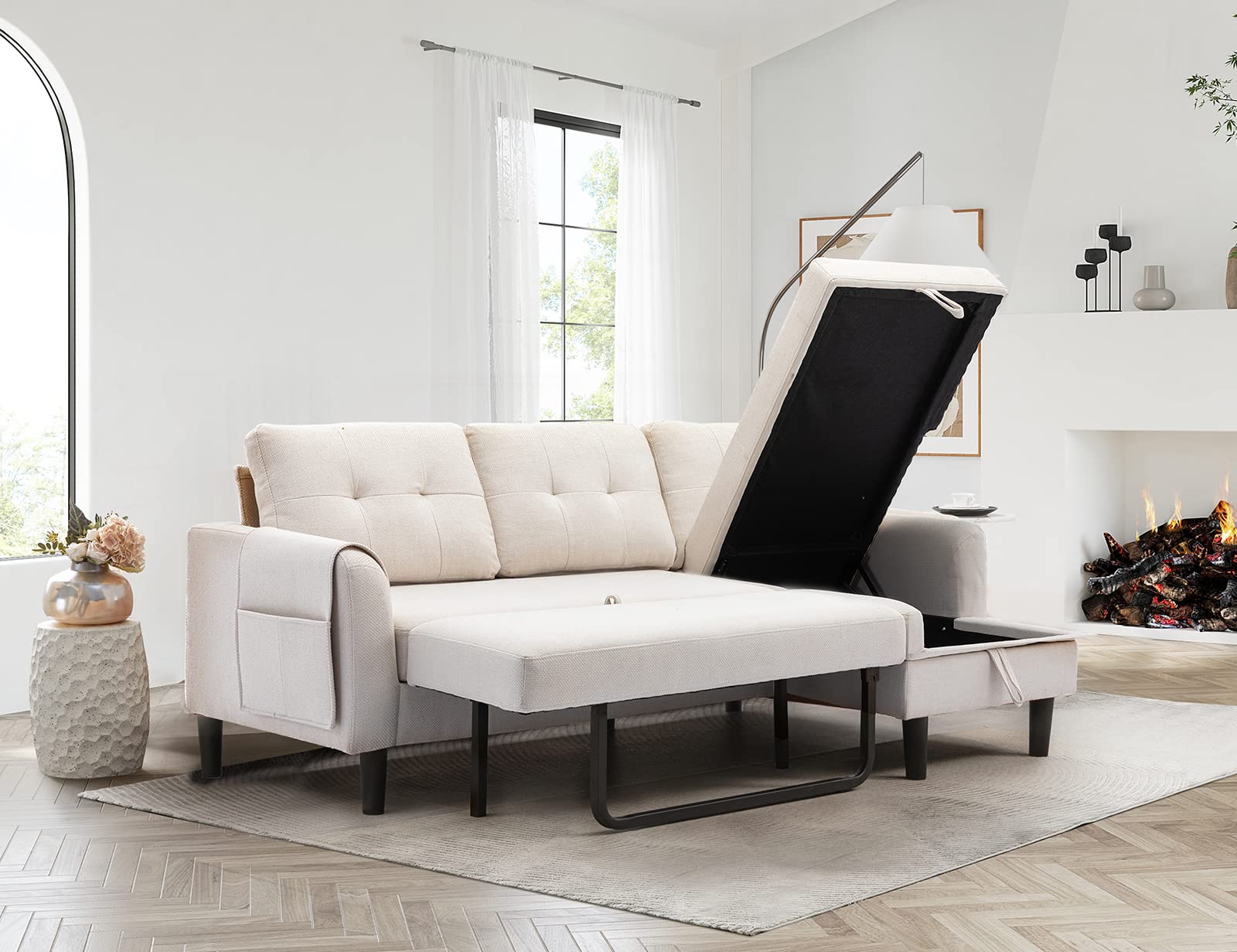 Modern Pull Out Sleeper Sofa Bed with Chaise, Comfy L Shaped Convertible Sleeper Couch with Storage and Pocket, Sectional 3 Seat Couch for Living Room Furniture or Office, Tufted Back (Beige)