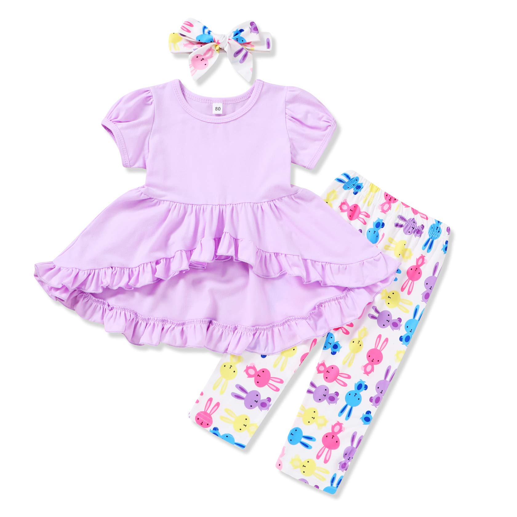 YOUNGER TREE Toddler Baby Girl Easter Outfits Ruffle Tops Dress Cartoon Rabbit Print Long Floral Pants Cotton Clothes Set (4-5T, Purple top dress+rabbit floral pants)
