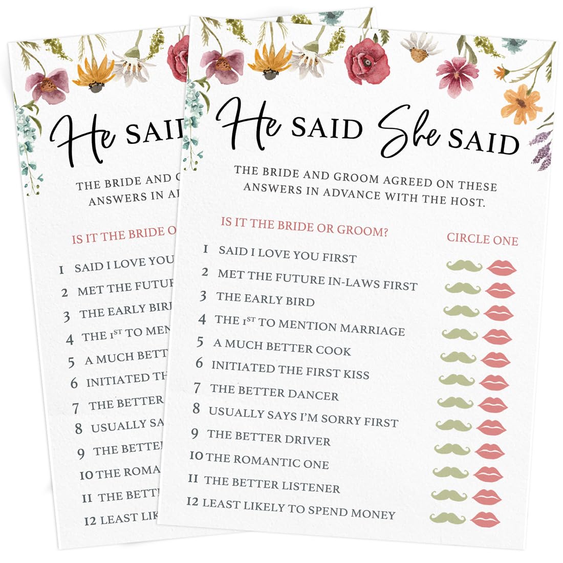 Printed Party Bridal Shower Game Set β 4 Fun Games and Activities for 30 Guests, Includes Bingo, Emoji Guessing, and Bride & Groom Trivia, Love In Bloom Wildflower Design