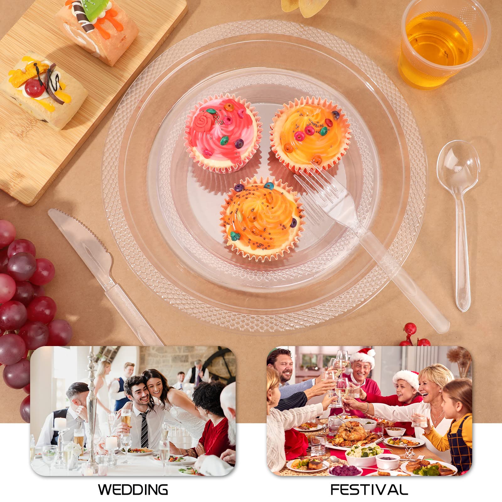 300 Pcs Clear Plastic Plates with Clear Plastic Cutlery Set, 50 Guests Disposable Plastic Utensils Plastic Silverware Clear Dinnerware Set Include Dinner Plates, Clear Cups, Forks, Spoons, Knives