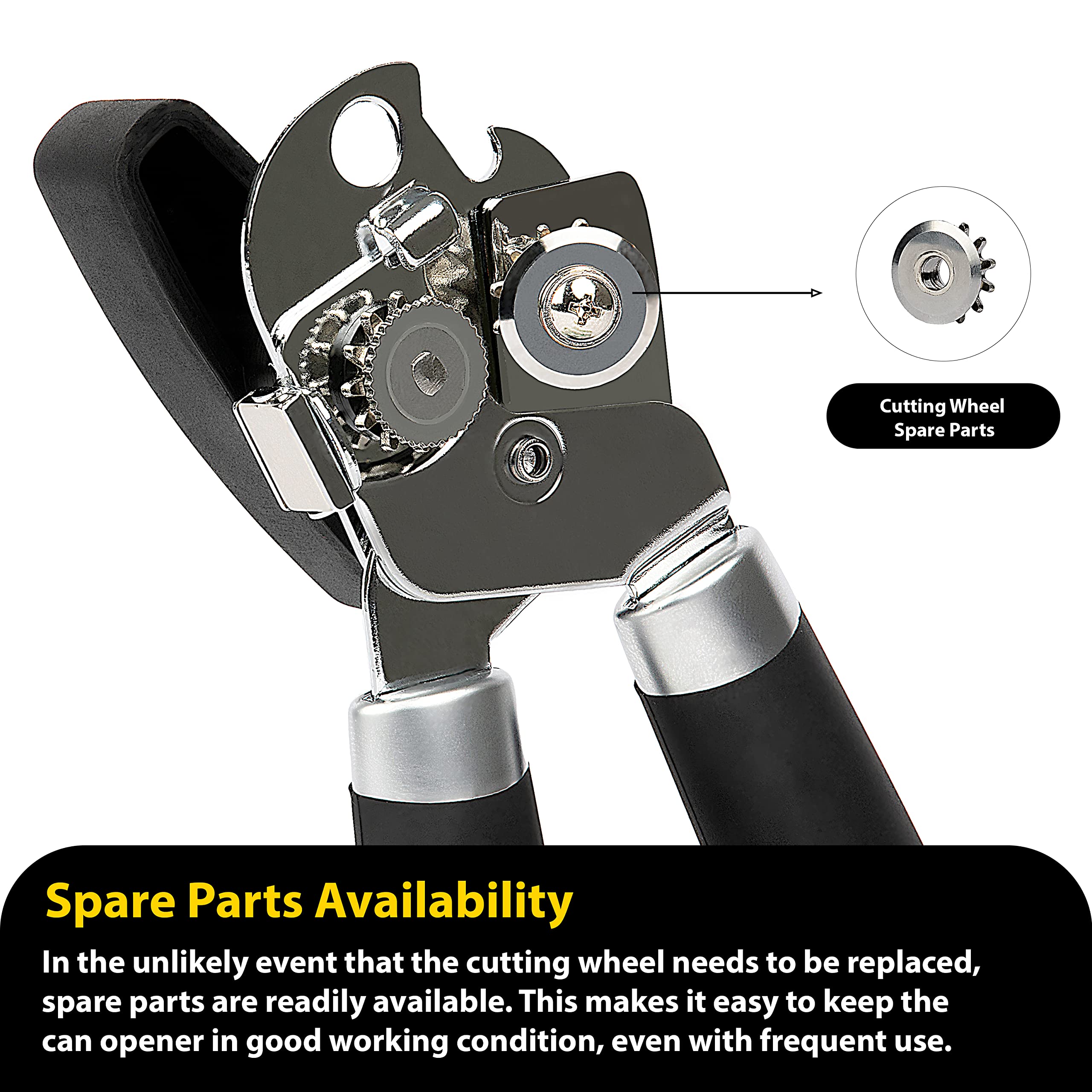 AHRAM Manual Can Opener, Sharp and smooth glide cutting wheel, With magnet lefter, Safe edge, Made with heavy duty materials, With additional glide cutting wheel as a spare part, With a bottle opener