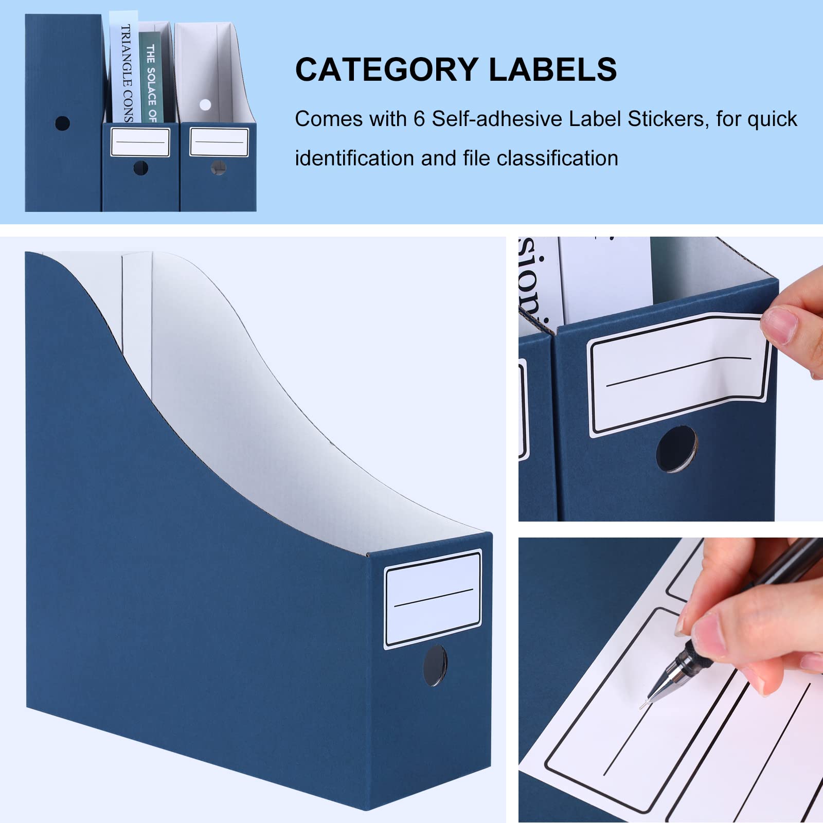 6 Pack Magazine File Holders, Cardboard Magazine Holder with Labels, Document Storage Organizer Box for Office School Home Hospital Desktop Storage, Blue