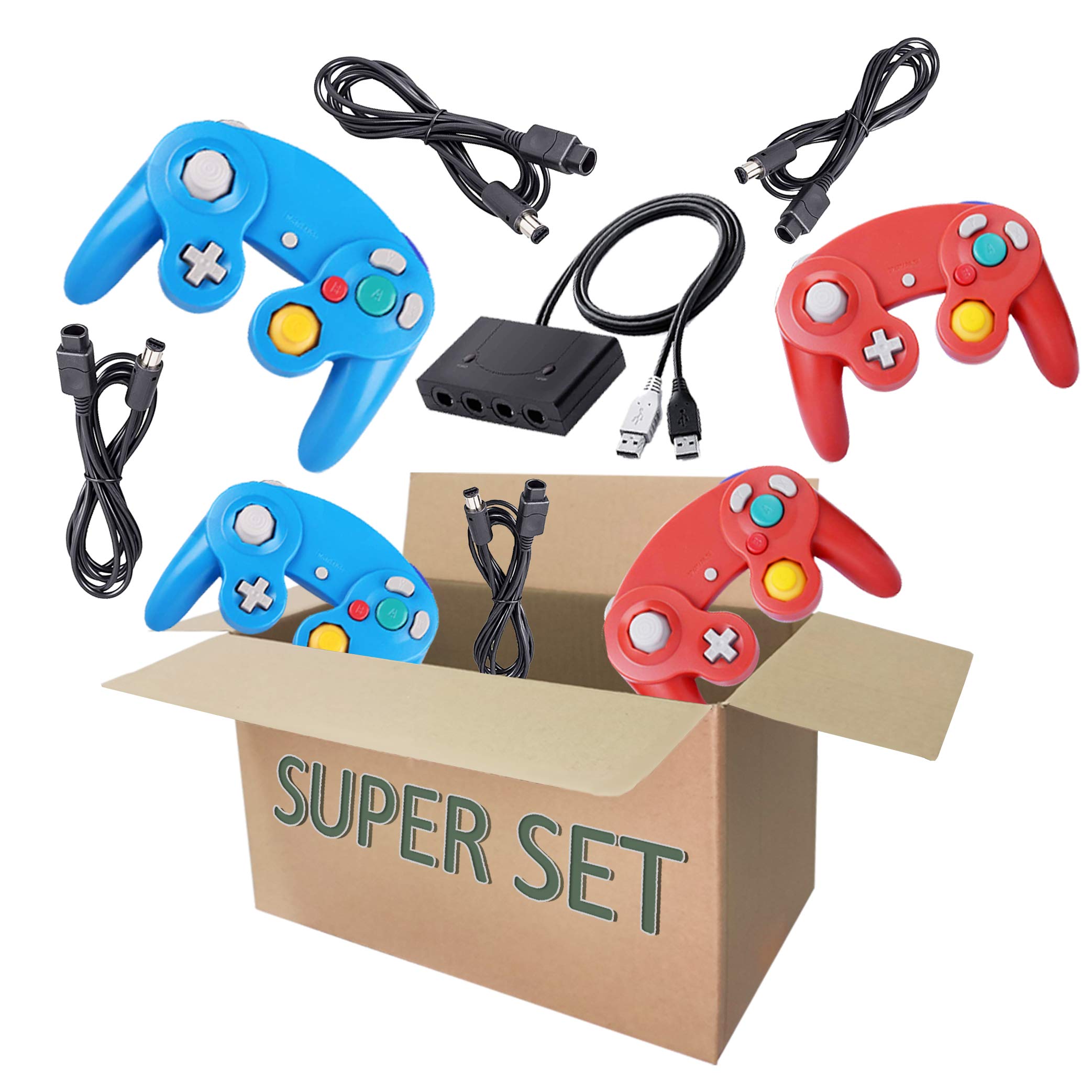 4 Controller for Gamecube, with 4 Extension Cords and a 4-Port Gamecube Adapter for Wii U/Switch/PC - Red & Blue