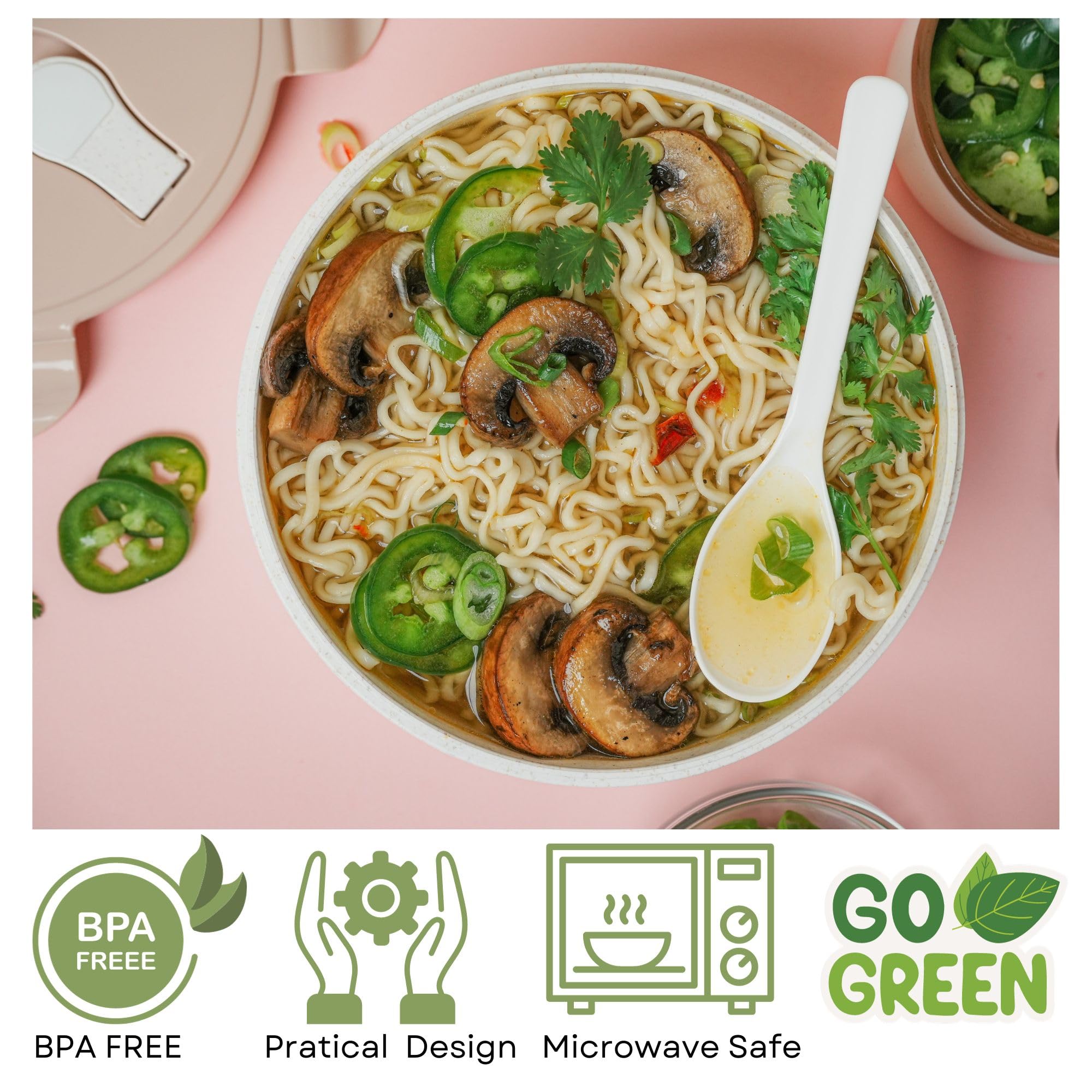 AI LOVE PEACE Microwave Instant Ramen Lunch Bowl Wheat Straw with Steam Release Vent Airtight Clip Lock Container,Microwave Safe ramen bowl with chopsticks for Working Adults, and Families