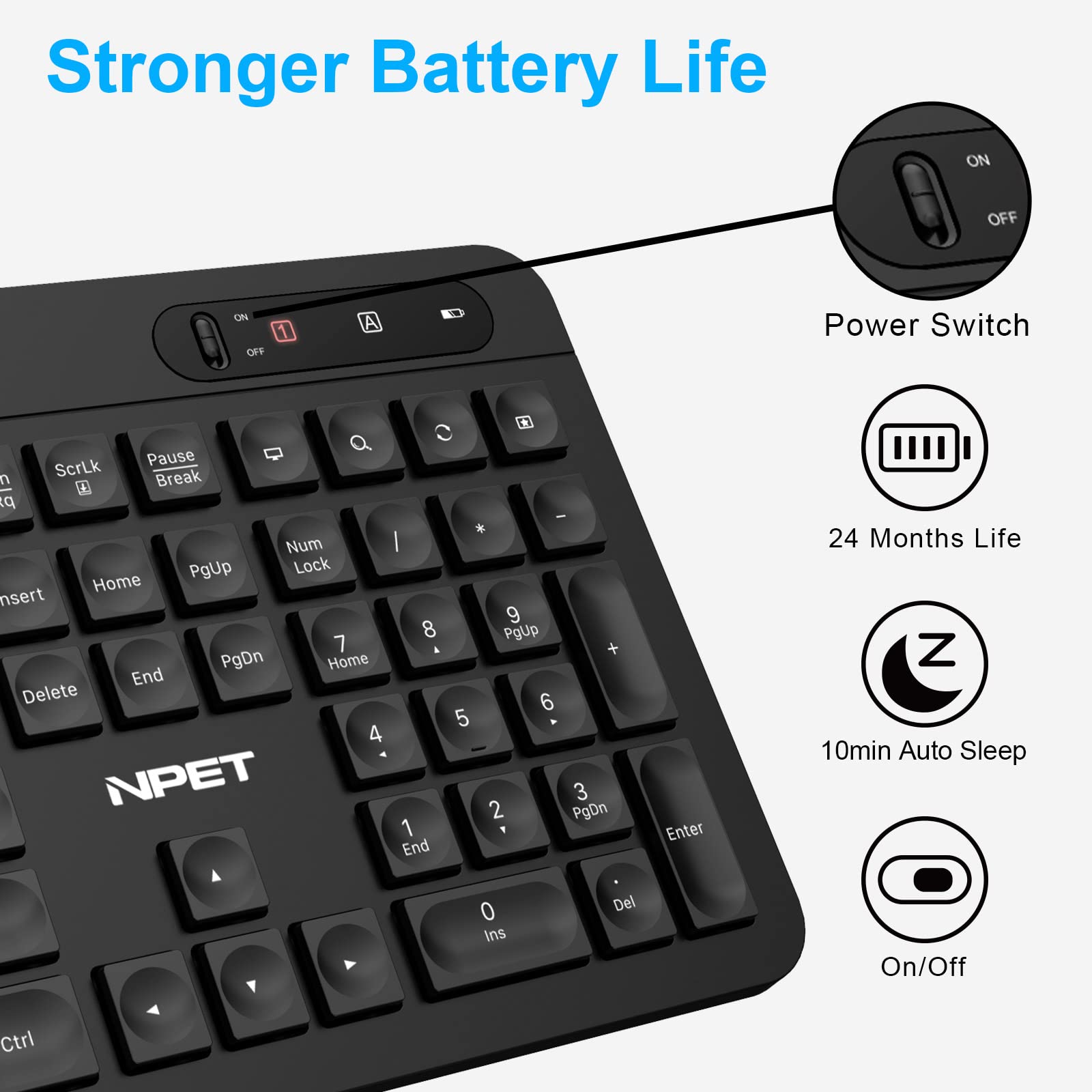 NPET WK20 Wireless Keyboard for Windows, 2.4 GHz Wireless, Full-Size, Number Pad, 14 Multimedia Keys, 2-Year Battery Life, Compatible with PC, Laptop