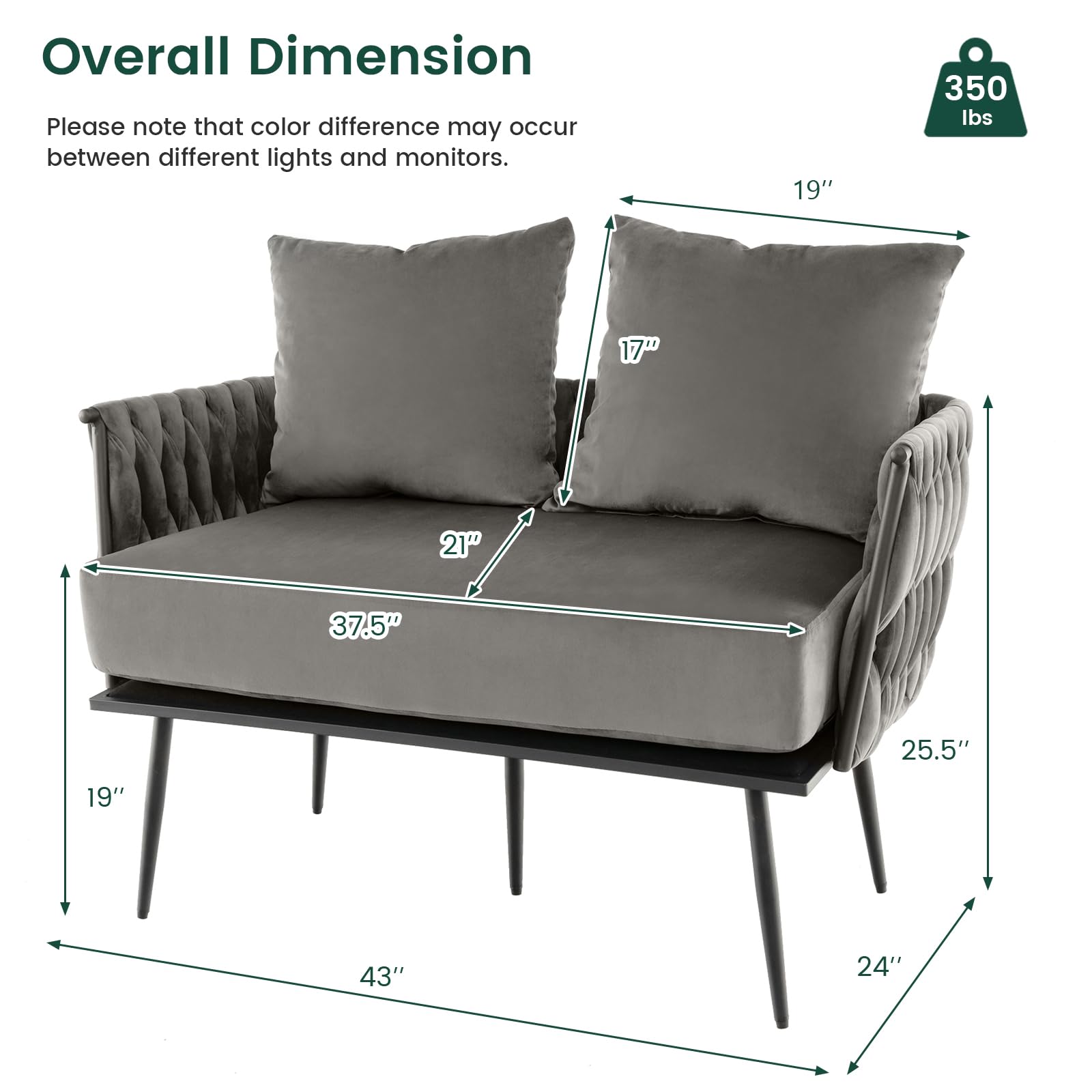 Giantex Loveseat Sofa, Upholstered 2 Seat Sofa Couch with Dutch Velvet, Woven Back and Arms, 2 Pillows, Removable Padded Cushion, 5 Solid Metal Legs, for Living Room Apartment Reception Room (Gray)