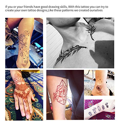6 Pages Total 110 Tattoo Pattern Stickers Stencils，6 Pcs 3 Color Temporary Tattoo Kit，3 Bottles, 12 Nozzles, Blcak, Red, Brown