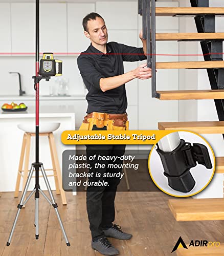 AdirPro Laser Level Pole with Tripod and Mount for Laser Levels, Rotary Lasers & Line Lasers – Telescoping Laser Pole, Mounting Bracket with 1/4”-20 & 5/8-11 Threads, and Adjustable Tripod Stand