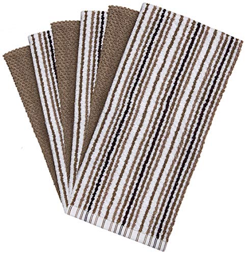 400 GSM Absorbent 6 Pack Cotton Popcorn Stripe Kitchen Towels with Hanging Loop - 16x26 Inches, Tan