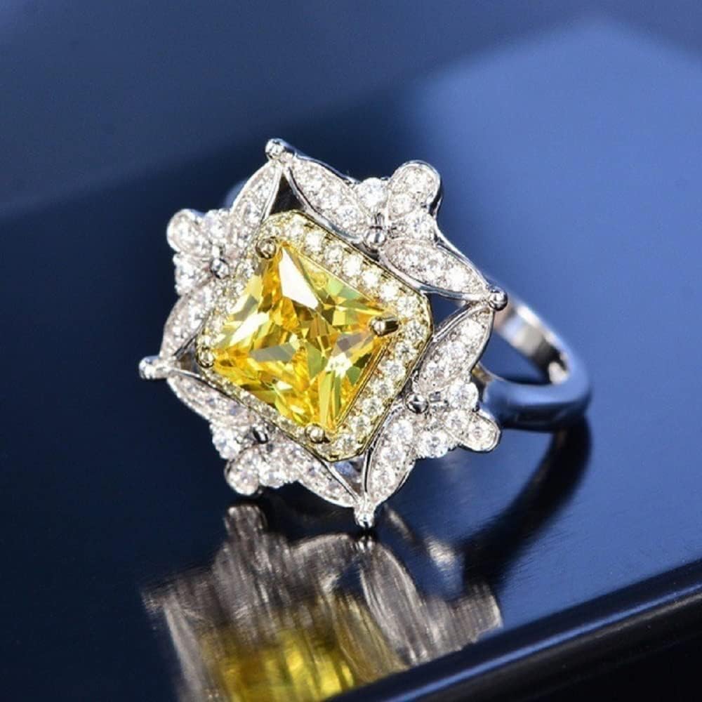 925 Sterling Silver Yellow Diamond Princess Cut Diamond Ladies Ring Luxury Party Square Cut Simulation 5A Moissanite Engagement Ring CZ Ladies Ring Fashion Wedding Ring Ring Size 6-10 603 (8)