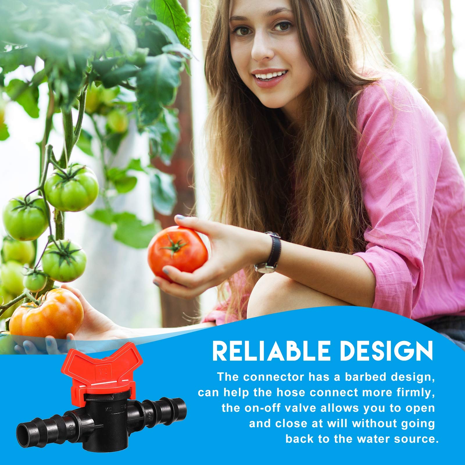 Irrigation Fitting Kit 9 Pieces Drip Irrigation Switch Valve Gate Valves Irrigation Barbed Connectors with Shut-Off Valve and 18 Stainless Steel Clamps and Roll Tape for 1/2 Inch Irrigation Tubing