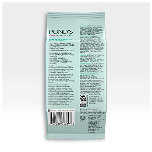 Pond's Vitamin Micellar Wipes For Dry Skin Hydrate Aloe Vera Removes Waterproof Makeup 25 Wipes