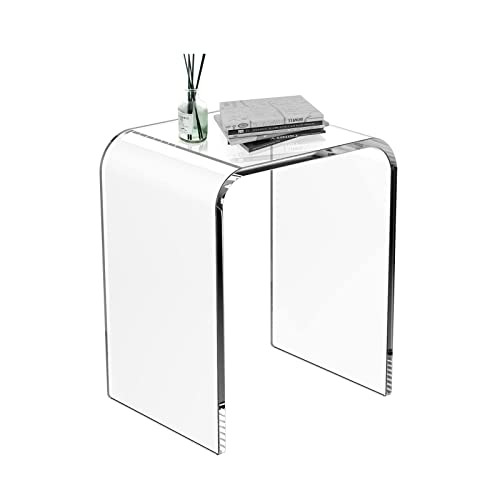 WAHFAY Acrylic End Table, Modern Lucite Side Table with Waterfall Edges, Contemporary Square Nightstand and Stool for Living Room and Bedroom, Clear