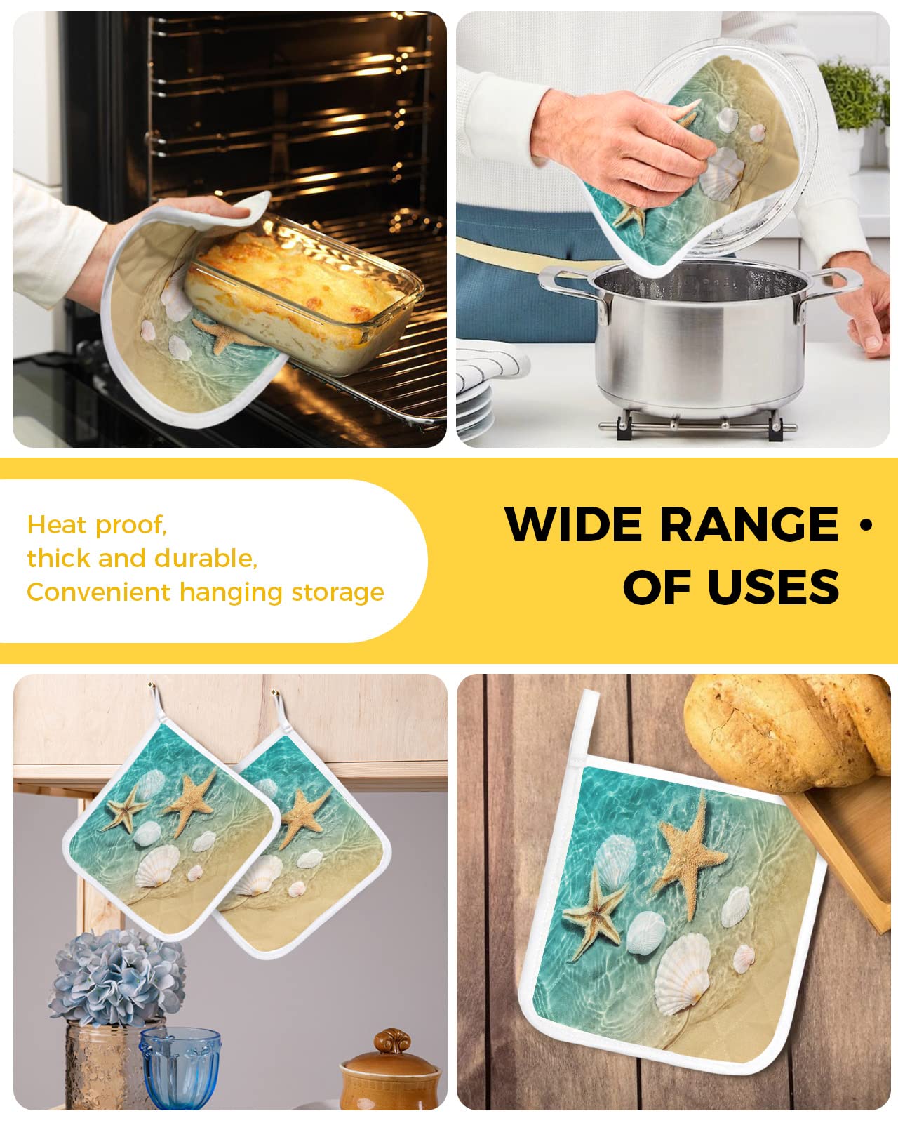 4 Pack Pot Holders Heat Insulation Hot Pads, Ocean Starfish Coastal Shell Washable Oven Pot Holder Set for Kitchen Summer Sea Beach Potholders for Baking Cooking Dining Table