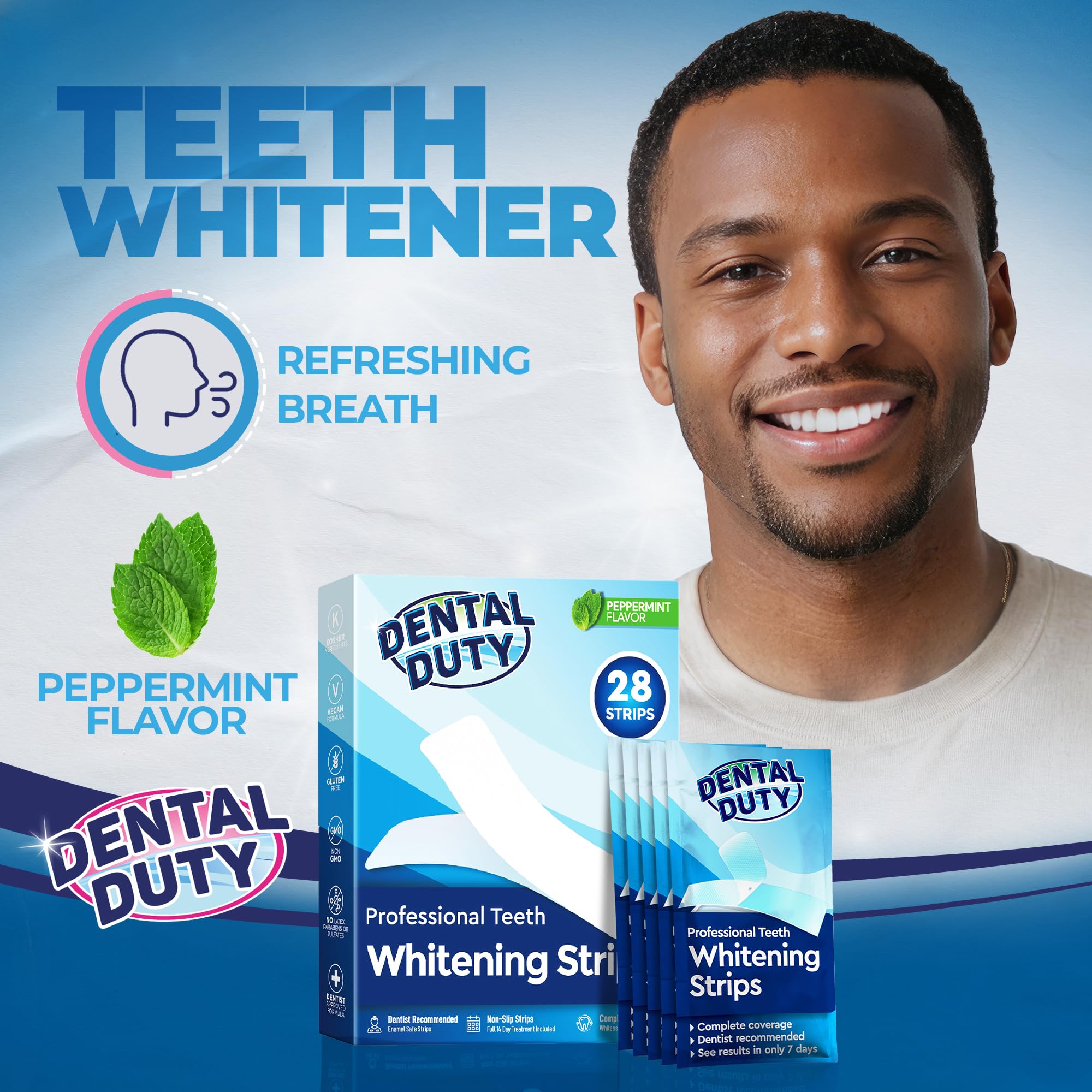 Dental Duty Teeth Whitening Strips – 28pcs Vegan White Strips for Teeth Whitening – Enamel-Safe Teeth Whitener – Removes Coffee & Tea Stains – Non-Toxic, Sensitivity-Free Teeth Whitening Kit.
