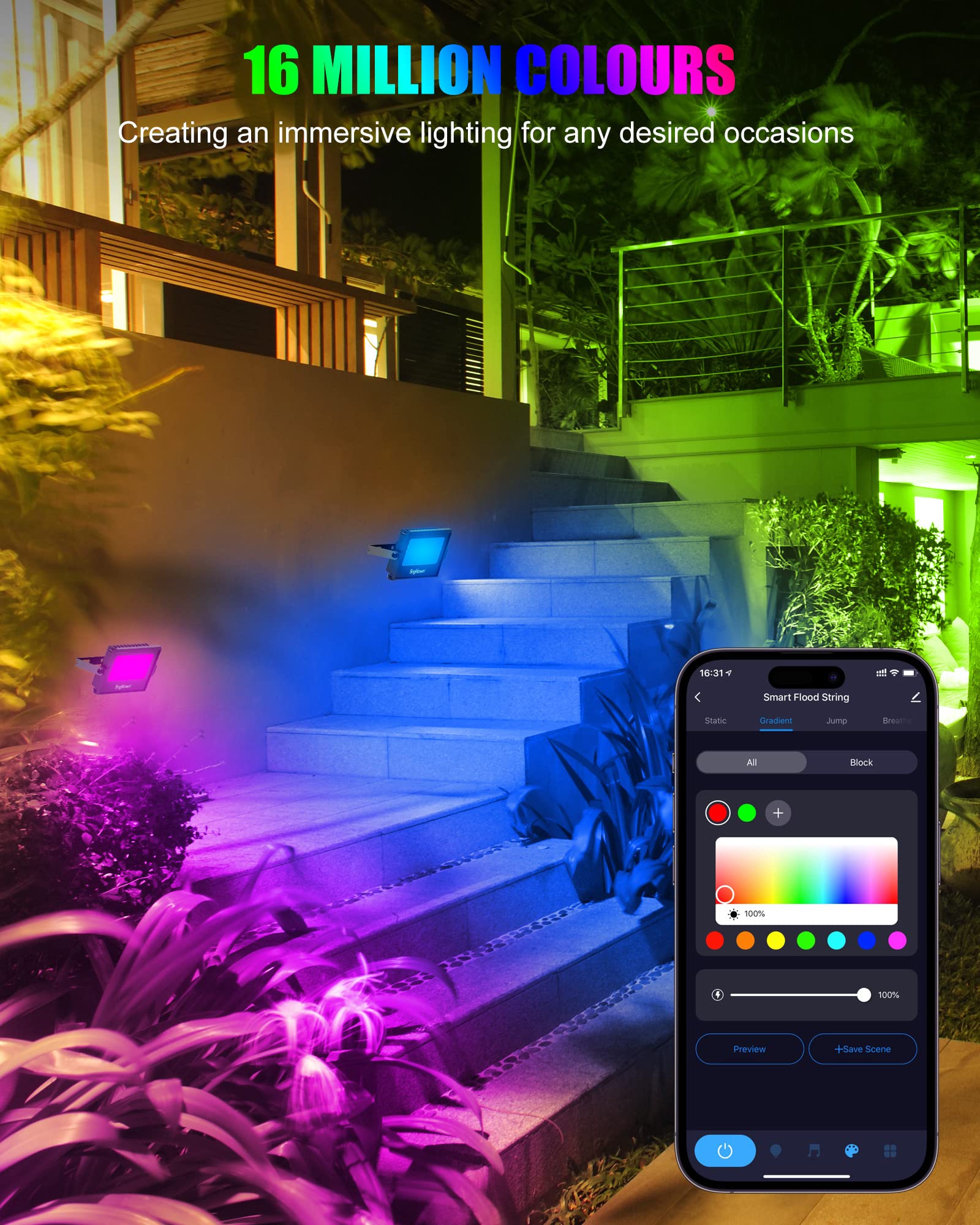 4 Pack RGB Led Flood Lights Outdoor 6000LM Smart Color Changing Landscape Lights with Bluetooth APP Control Timing WiFi, DIY Scenes, IP66 Floodlights for Event Halloween Party Lights