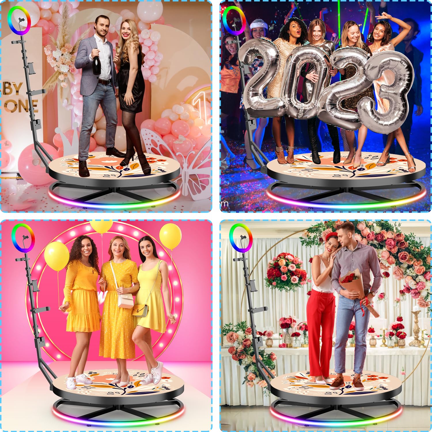 360 Photo Booth Machine for Parties Free Custom Logo with Ring Light 5 People Stand on Remote Control Automatic Slow Motion 360 Spin Photo Camera Booth 100cm 39.4 inch with Flight Case