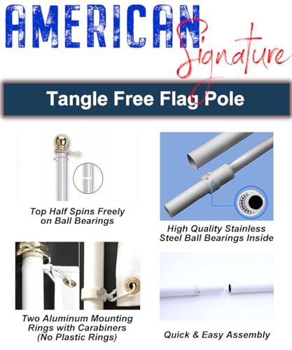 American flag and pole kit set: Includes a 3x5 ft US flag made in USA, 6 ft aluminum tangle free spinning flag pole with carabiners, and flagpole holder wall mount bracket (Black)