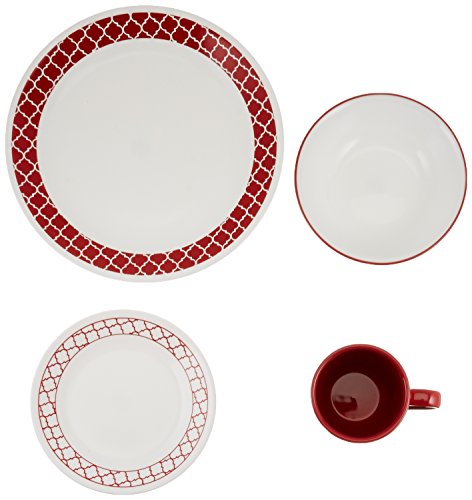 Corelle Crimson Trellis Chip and Break Resistant Dinner Set, Glass, Red, Set of 16, 29 x 29 x 14.5 cm