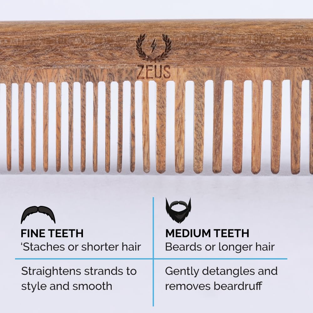 ZEUS Sandalwood Beard & Mustache Comb with Leather Case, Long Handmade Saw-Cut & Anti-Static Hair Comb (L31)