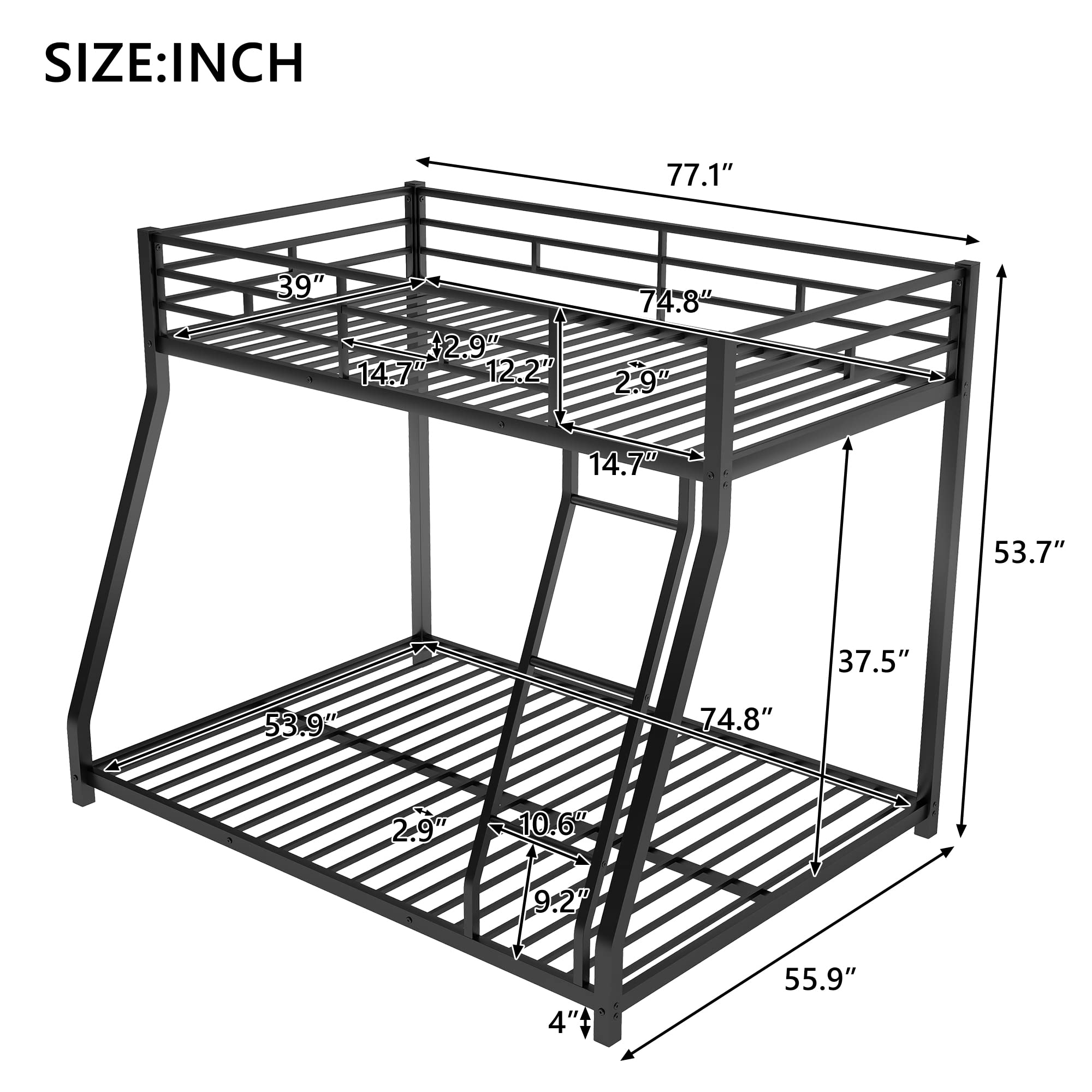 Bellemave Twin Over Full bunk Bed,Metal Floor Bunk Bed, Bunk Bed for Kids, Adults, Bunk Bed for Boys, Girls, Adult bunk beds Heavy Duty, Black