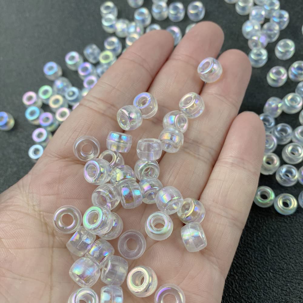 300 Pieces Pony Beads AB Colors Acrylic Pony Beads Plastic Pastel Beads Spacer Beads Shape Pony Beads for DIY Crafts Braids Bracelet Jewelry Making (6x9mm, Clear AB)