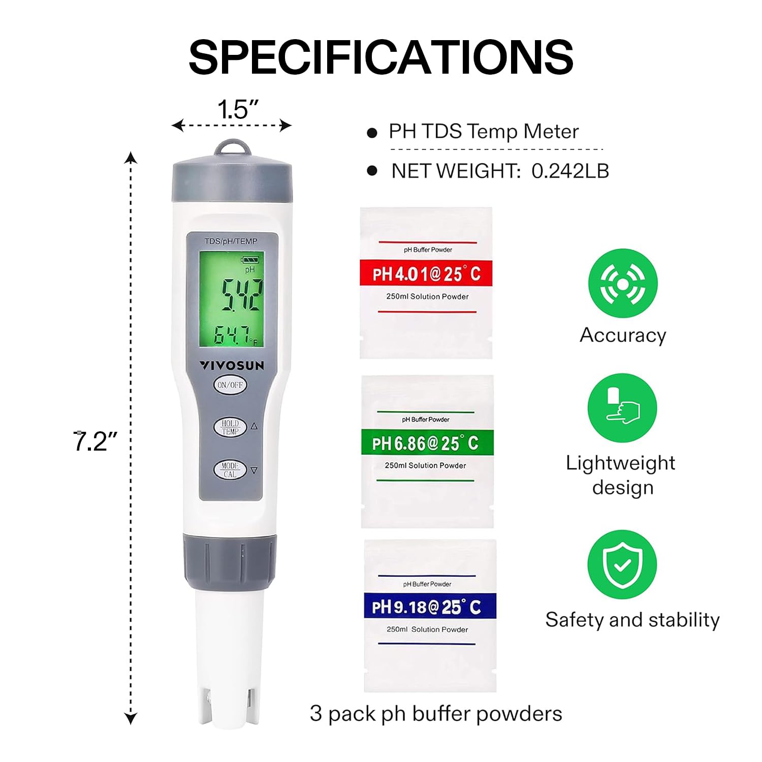 VIVOSUN 3-in-1 Digital pH Meter with ATC, Soil Tester for Moisture, pH and Light-Indoor and Outdoor Use