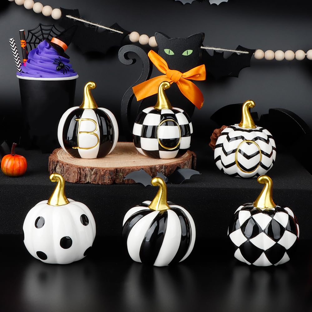 6 PCS Ceramic Pumpkins for Halloween Decor, Black and White Boo Pumpkins for Table, Tiered Tray, Desk and Mantel Decorating- Indoor Halloween Decorations for Home