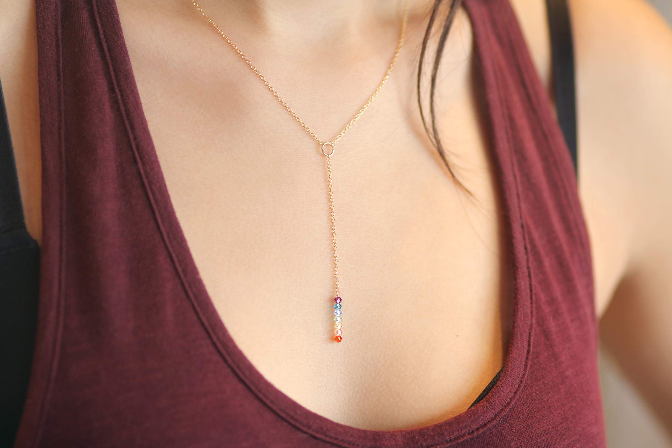 7 Chakra Healing Crystals Lariat Necklace, Handmade 14K Gold Filled Y-Necklace