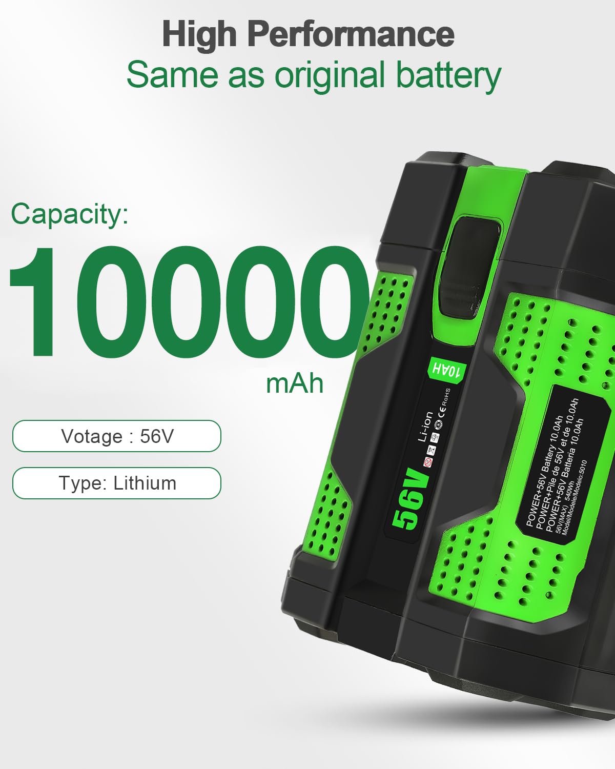 Aoasur 10.0Ah Battery Replacement for EGO 56V Battery (10.0AH-Green)