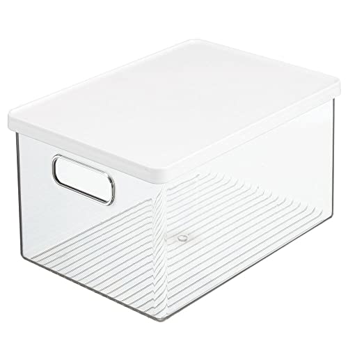 mDesign Plastic Pantry Storage Box Container with Lid and Built-In Handles - Organization for Flour, Cereal, Pasta, Rice, or Food in Kitchen Cupboard, Ligne Collection, Clear/White