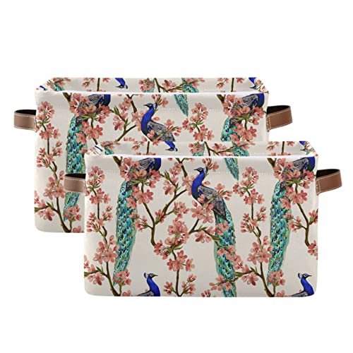 ALAZA Peacock Tropical Cherry Blossom Flower Large Storage Basket with Handles Foldable Decorative 1 Pack Storage Bin Box for Organizing Living Room Shelves Office Closet Clothes