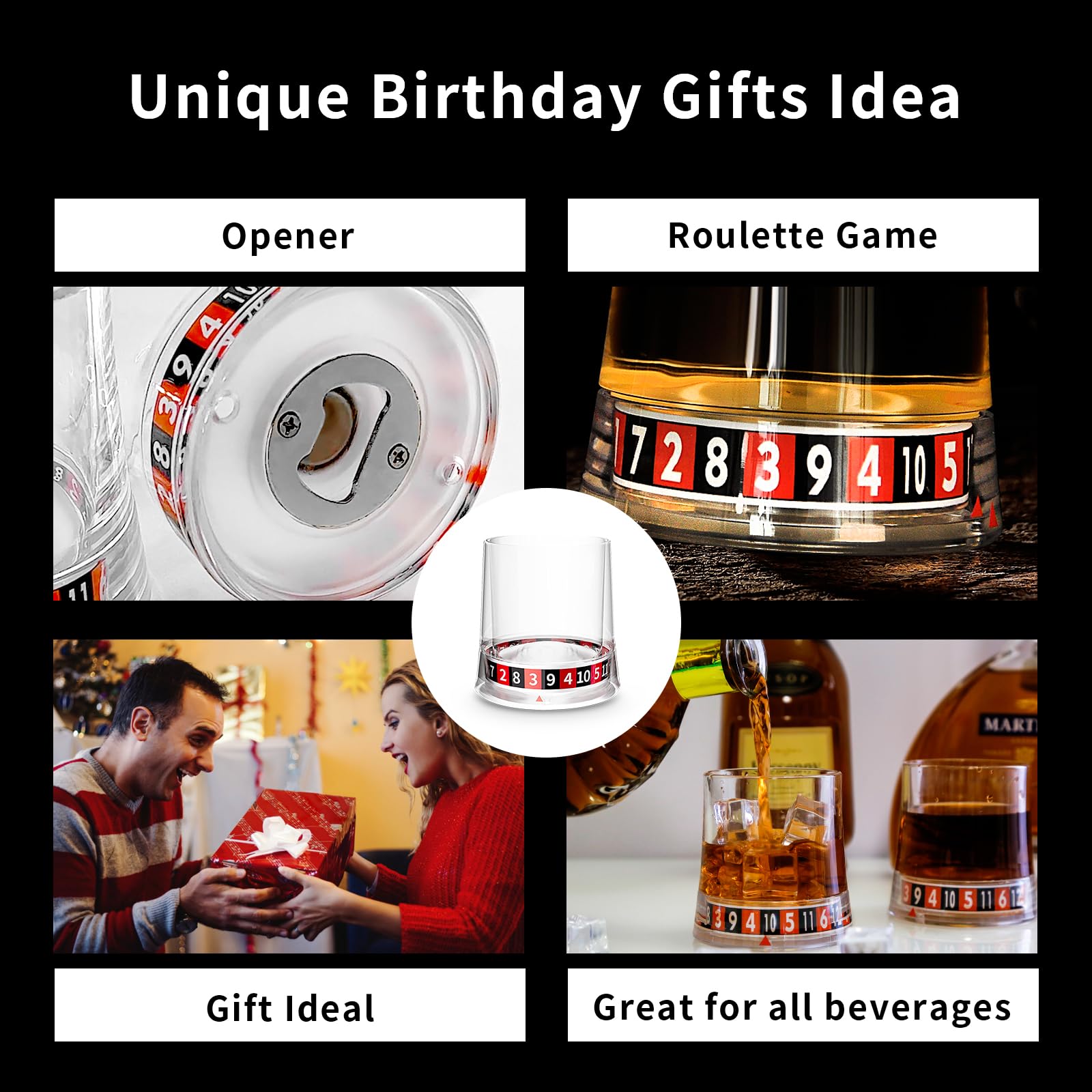 Acrylic Wine Glasses, 5 oz Clear Roulette Shot Spinning Whiskey Glasses, with Beer Bottle Opener, Plastic Reusable Drinking Glasses, Unique Gift for Men Husband Father(S)