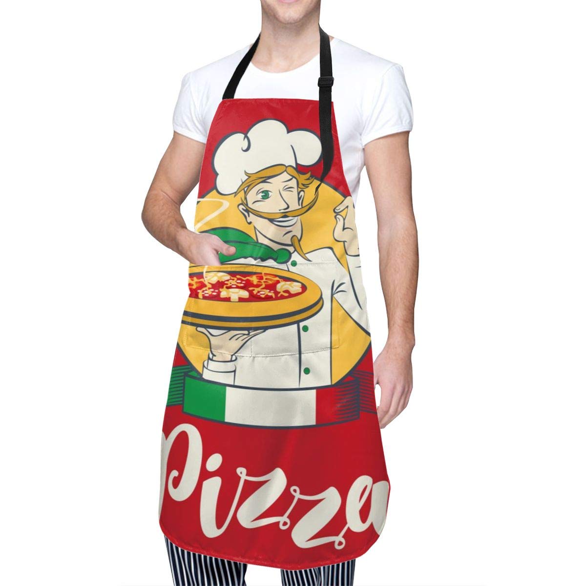 Abucaky Cartoon Pizza Chef Funny Waterproof Apron for Adults Chef Bib With Roomy Pocket for Kitchen BBQ Crafting Drawing