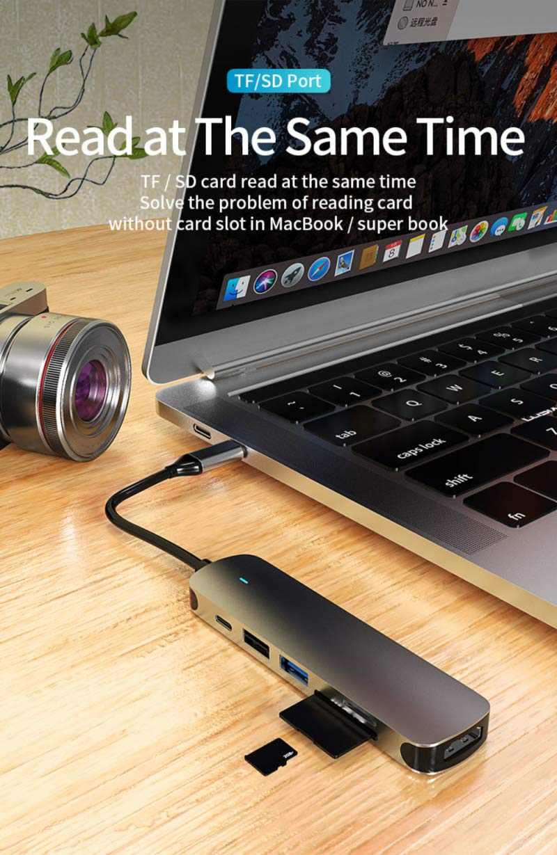 USB C hub,USB C Docking Station,6 in 1 USB C Docking Station Adapter,with 1 4K HDMI-Compatible,1 USB2.0,1 USB3.0,1 PD,SD TF Card Reader,Suitable for USB -C Type Equipment.