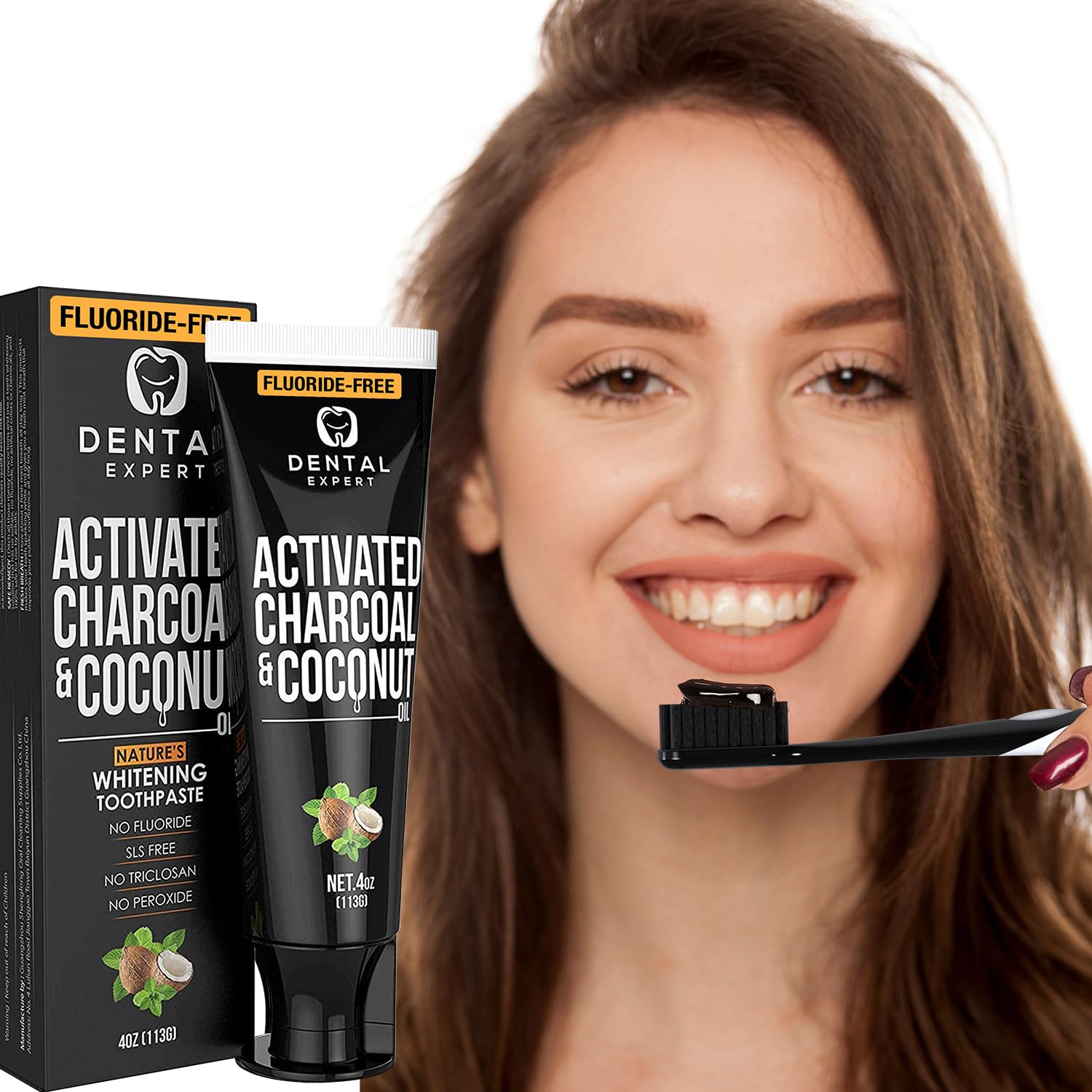 Dental Expert Charcoal Toothpaste Whitening, SLS Free, Tongue Cleaner & Toothbrush Included, Mint, Removes Coffee Stains from Teeth, 4oz