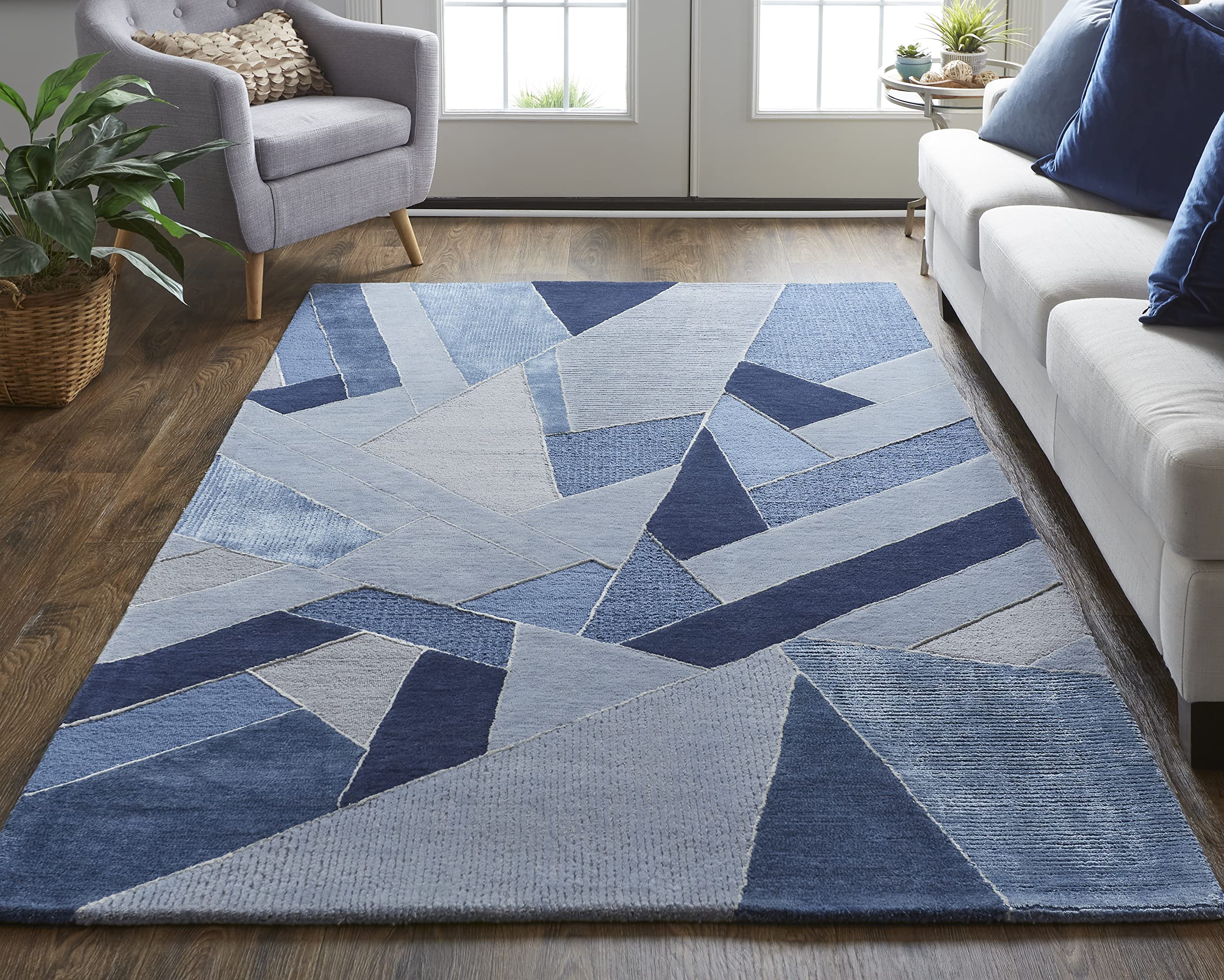 Feizy Rugs - Nash Tufted Graphic Wool Rug, Navy Blue/Opal Gray, 10ft x 14ft Area Rug
