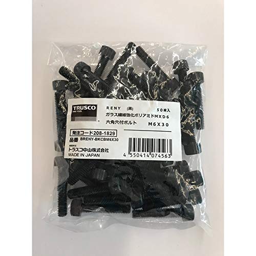 TRUSCO BRENY-BKCBM6X25 Fiberglass Reinforced Polyamide MXD6, RENY Black, Hex Socket Bolts, M6 x 1.0 inches (25 mm), Pack of 50
