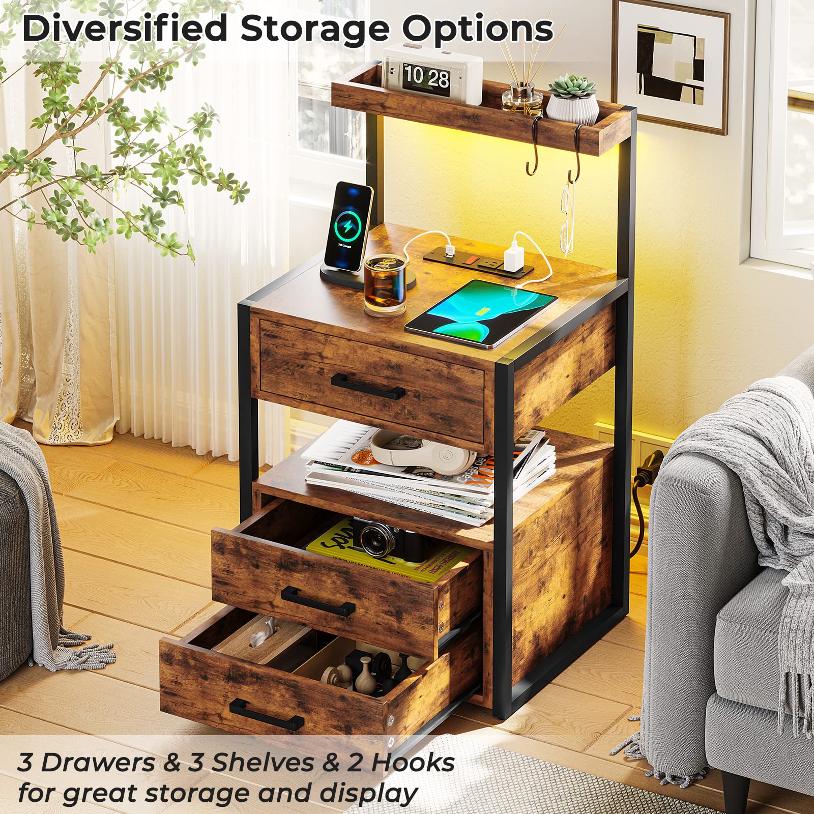 AOGLLATI Nightstand Set of 2 with Charging Station and LED Lights, Bedside Table with 3 Drawers and Open Storage Shelves, 2 USB Ports and 2 AC Outlets, LED Night Stand for Bedroom, Rustic Brown