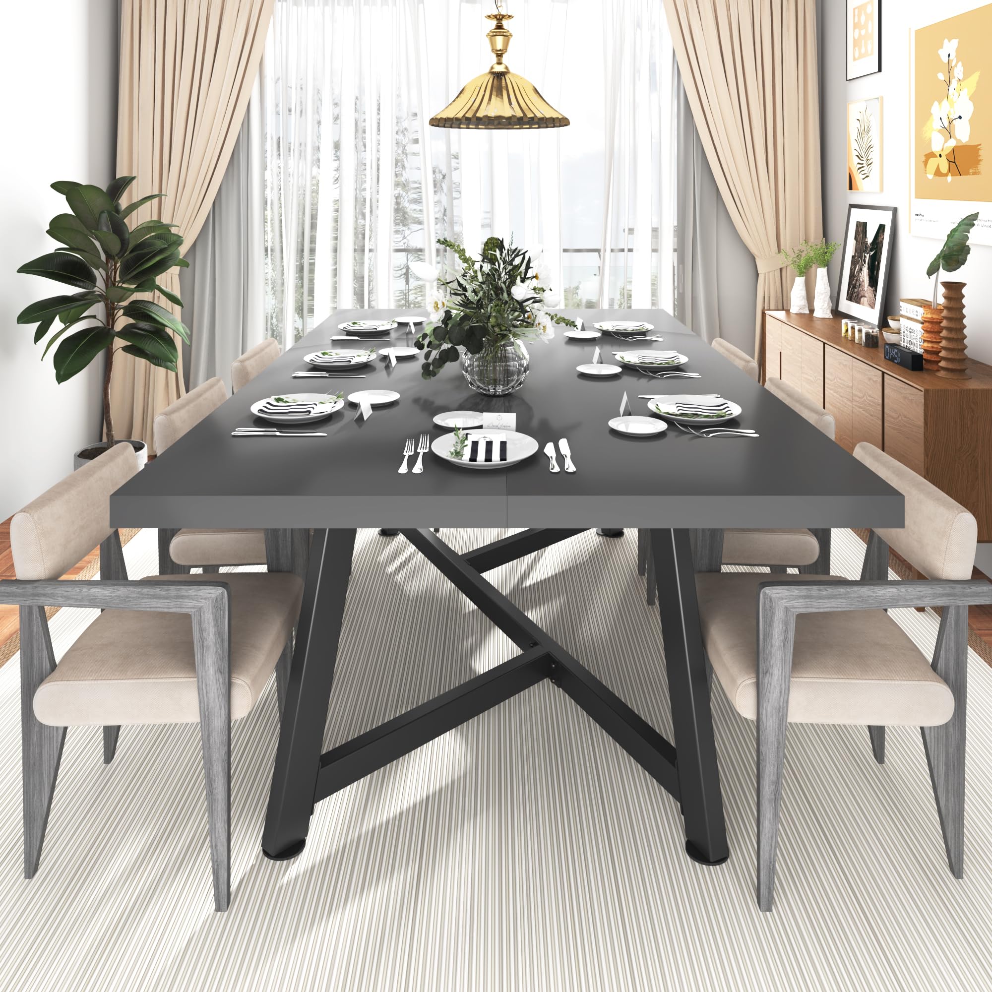 2024 New Large 72IN Solid Wood Dining Table for 6 8 10 People,Modern 6FT Waterproof Rectangular Kitchen Tables w/Anti-Rust&Adjustable Metal Leg,Grey Industrial Desk for Dining Room Farmhouse Office