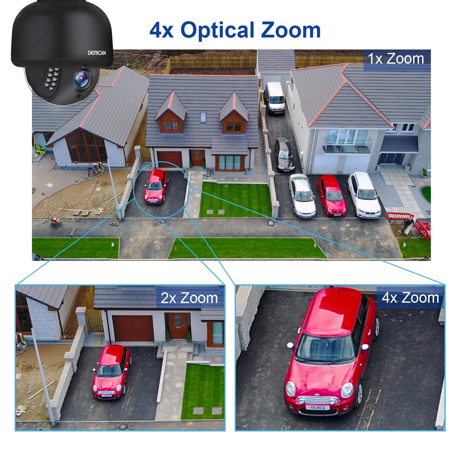 Dericam Outdoor WiFi Security Camera, Wireless PTZ Camera, HD 1080P, 4X Optical Zoom, Auto Focus, Night Vision, Motion Detection, Pre-Installed 32GB Memory Card, Black