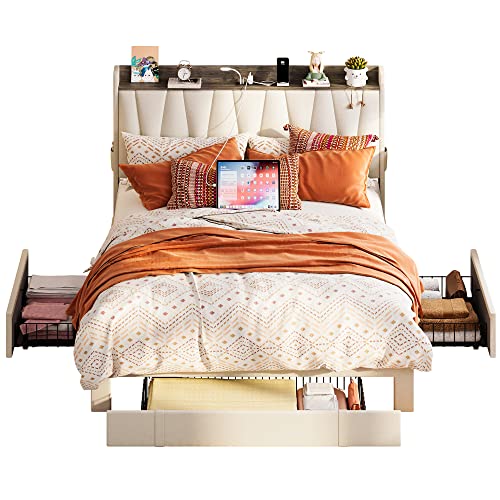 ANCTOR Full Size Bed Frame with 3 Drawers, Upholstered Platform Bed with Storage Headboard and Charging Station, No Box Spring Needed, Easy Assembly