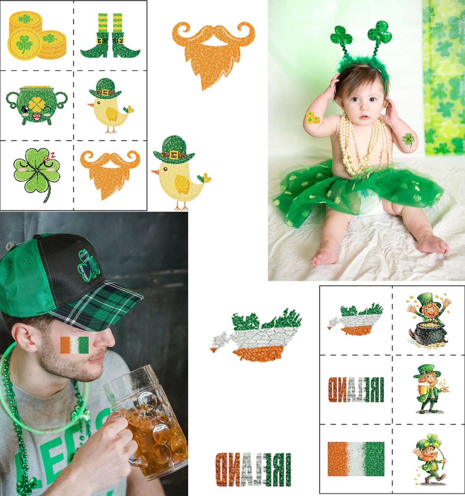 St. Patrick's Day Glitter Tattoos,Shamrock Lucky Clover Temporary Tattoo Stickers, St. Paddy's day Decorations Pack of 8,48Pcs Waterproof Decor for Men Women Kids