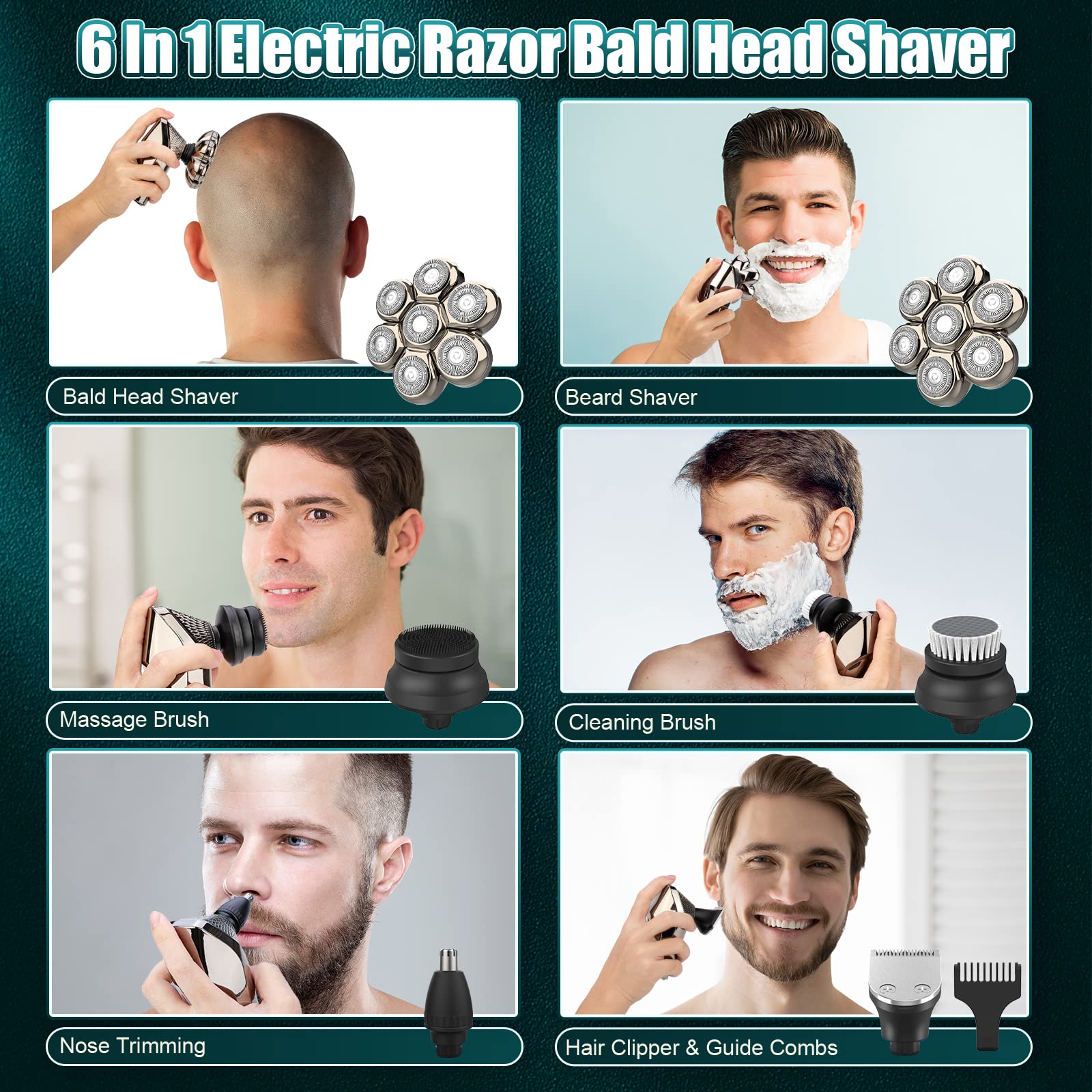 7D Magnetic Head Shaver for Men, TURN RAISE 6 in 1 Waterproof with LCD Display Bald Head Shavers for Men, 3 Modes Wet Dry Electric Razor for Men, USB Rechargeable Electric Shavers for Men Bald Head