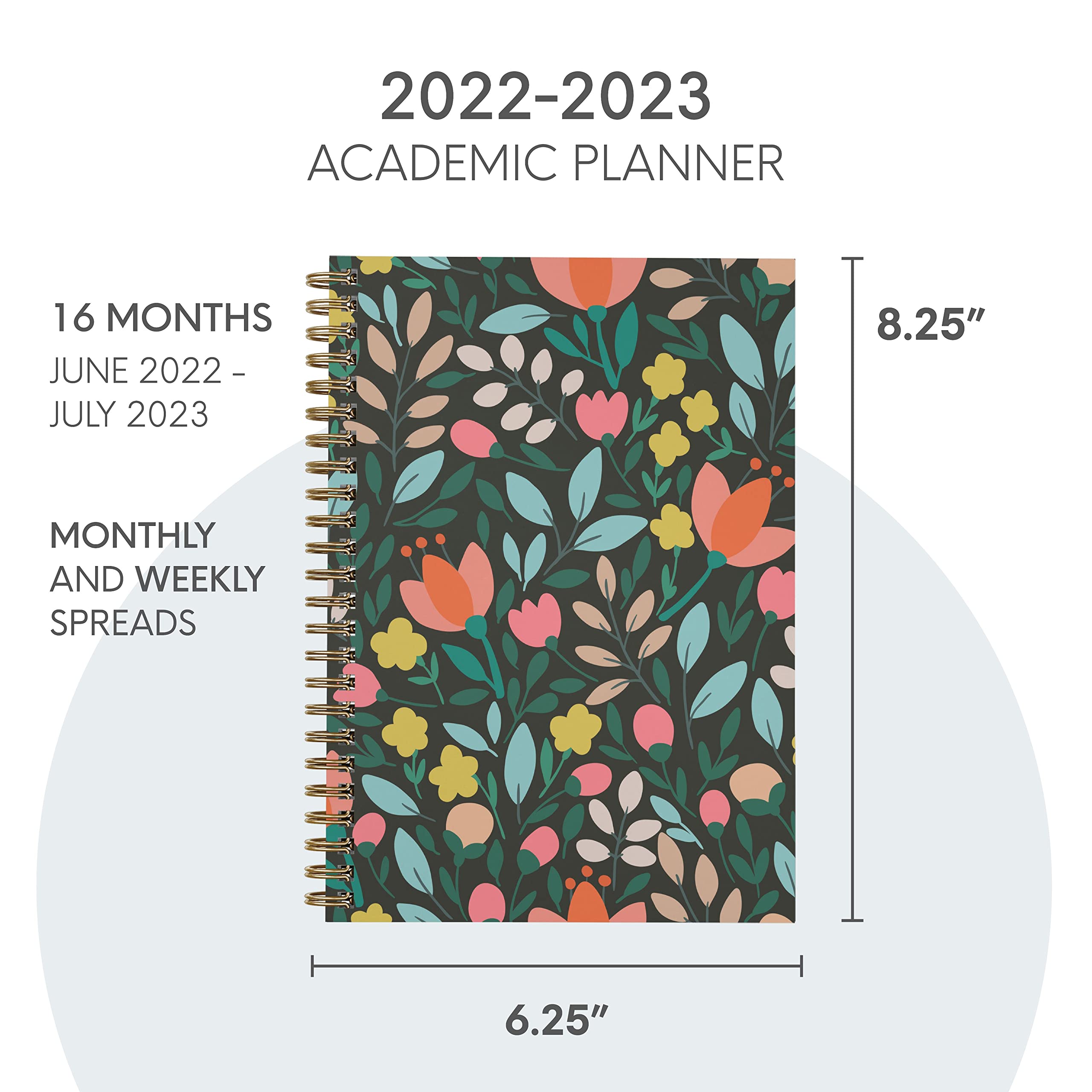 Academic Planner Yearly Monthly Weekly Daily Large Calendar Organizer by Bright Day Spiral Bound Dated Agenda Flexible Cover Notebook, June 2022 - July 2023, 8.25 x 6.25, Black Floral